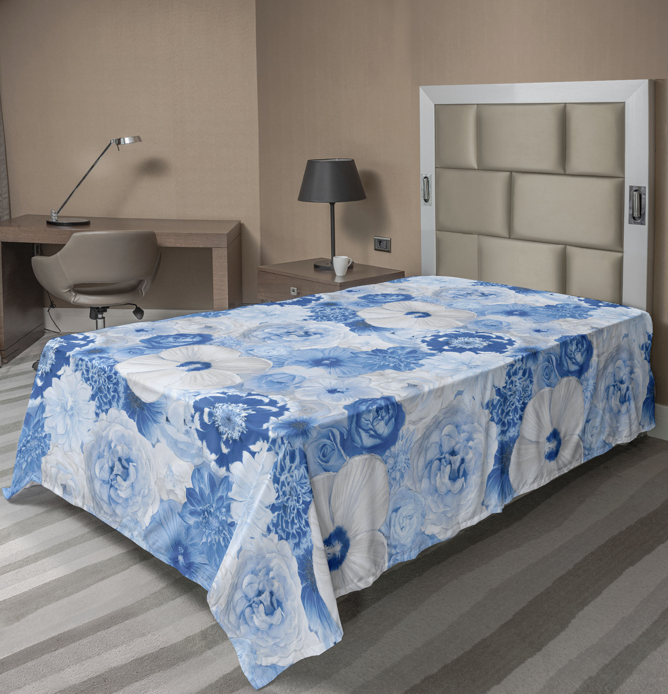 Ambesonne Blue Floral Flat Sheet Cold Watercolor Flowers Azure Blue and ...