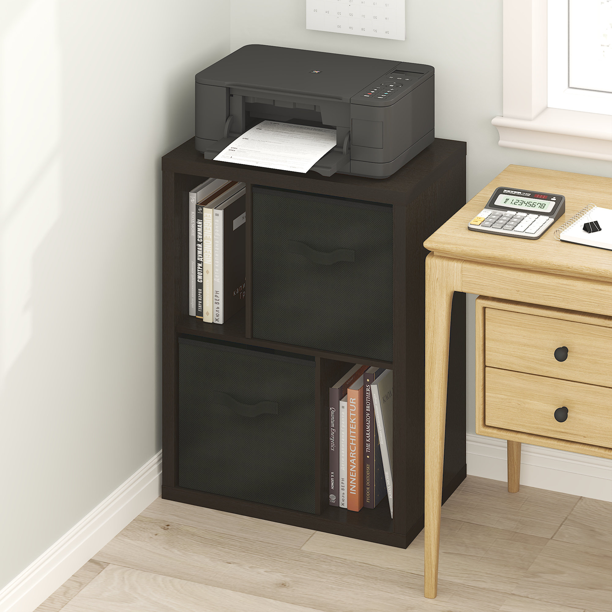 Furinno Viola Standing Storage Shelf with Two Storage Bins, White/Light ...