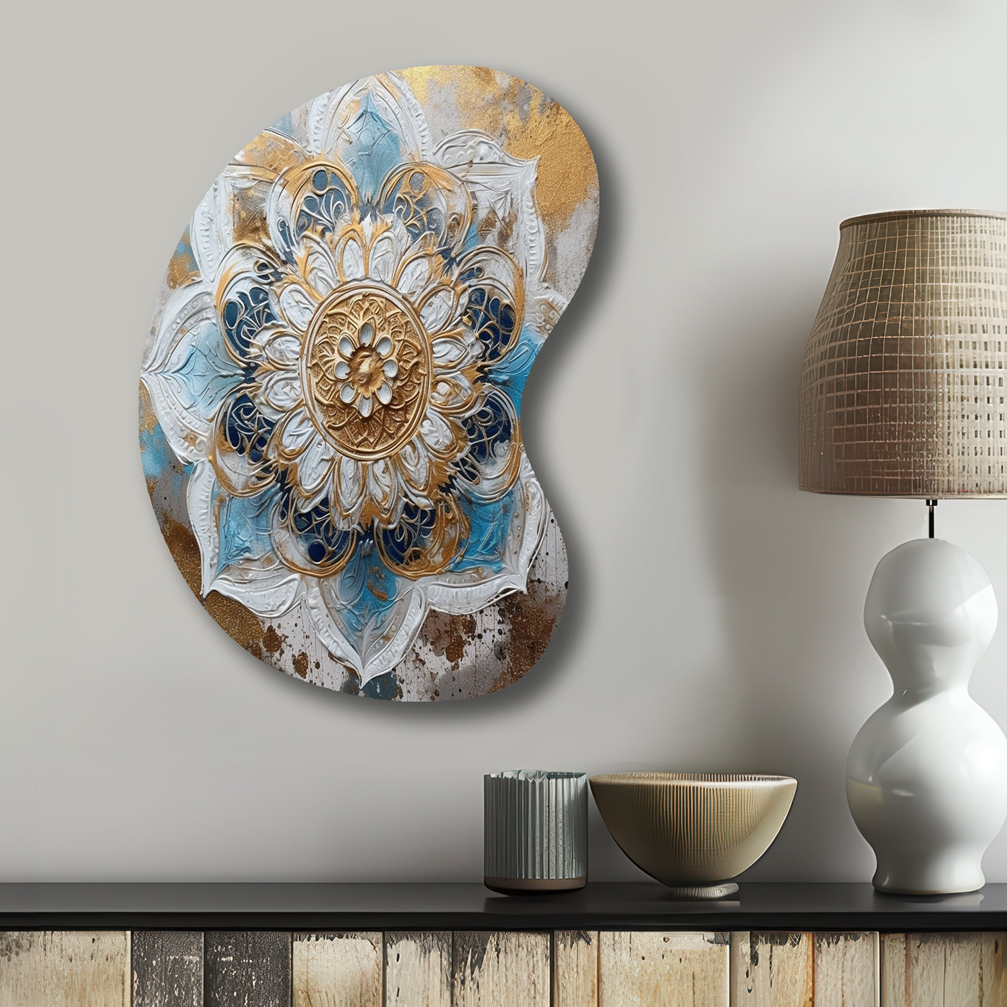 Design Art Blue And Gold Mandala I - Boho Mandala Asymmetrical Metal ...