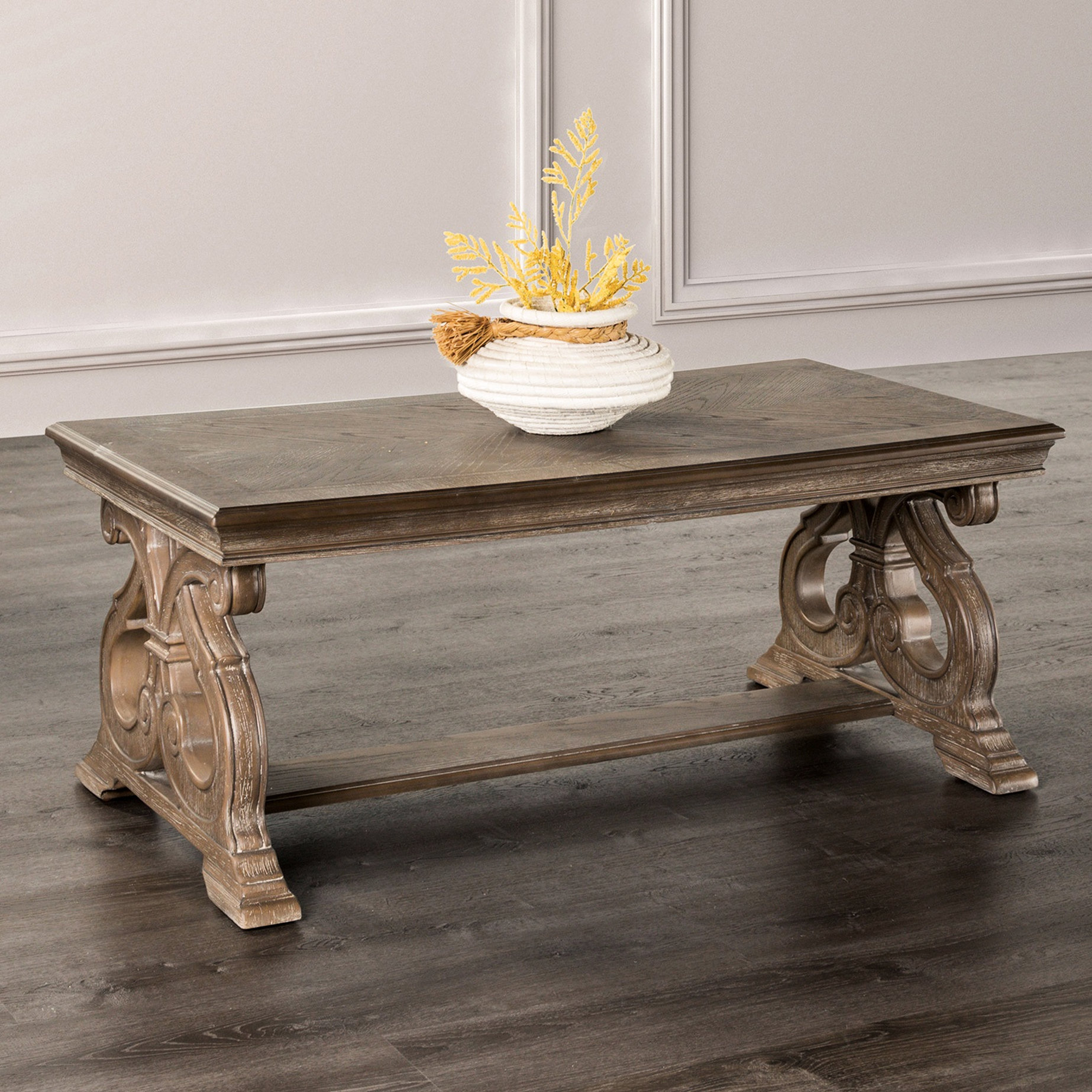 World Menagerie A Traditional Coffee Table With Scroll Legs, Weathered ...