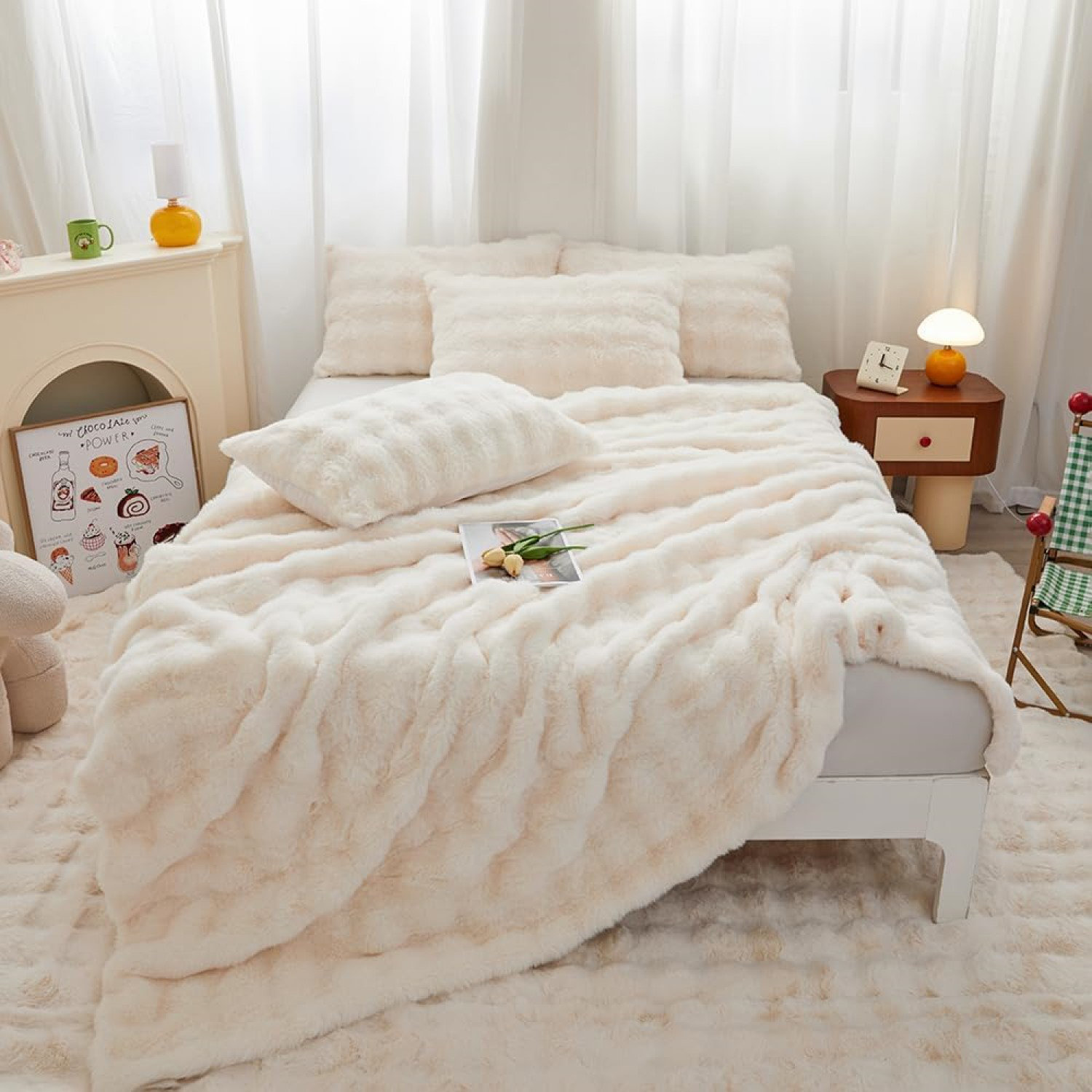 MAZOJA Rabbit Plush White Faux Fur Duvet Cover Comforter Cover King ...