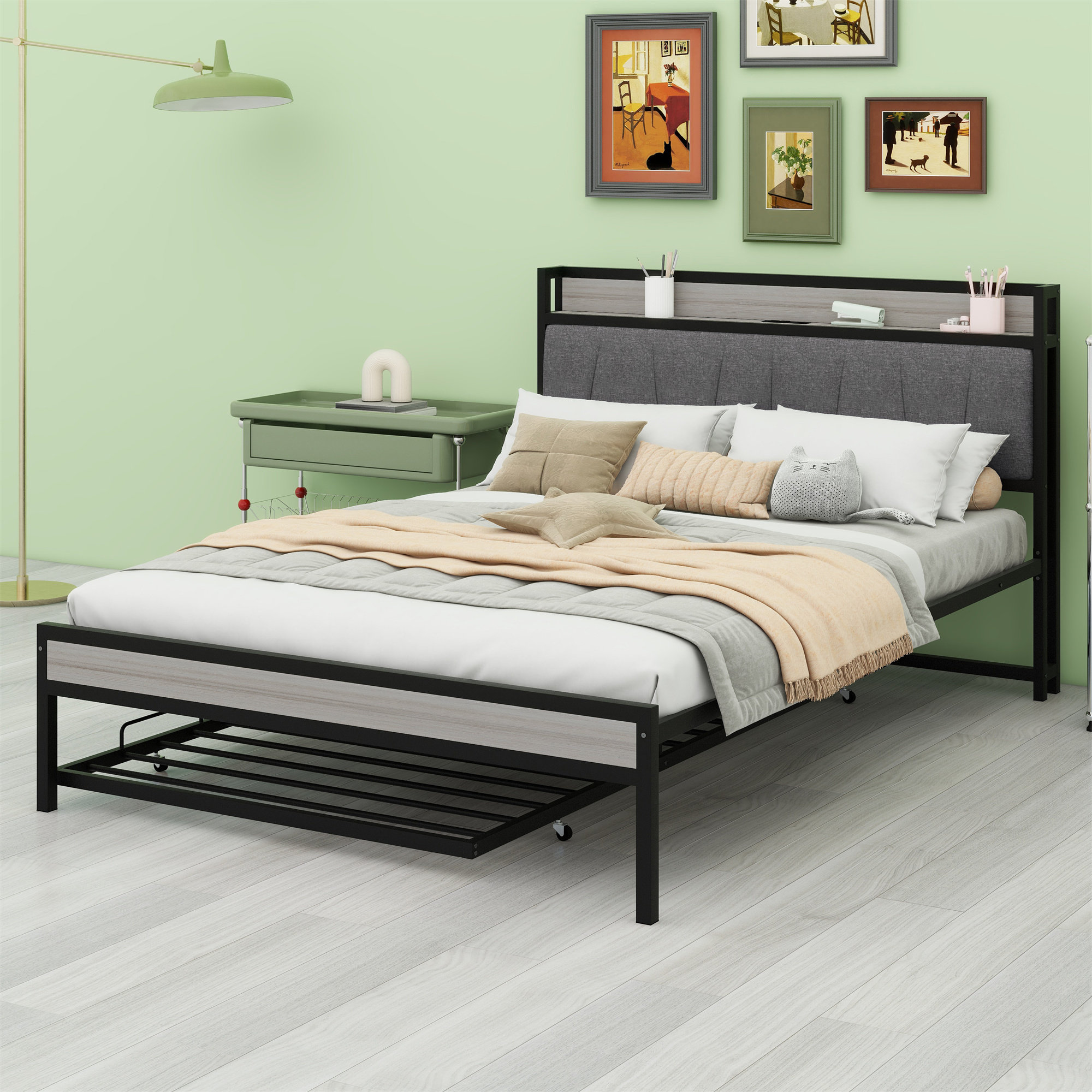 Ivy Bronx Platform Bed Frame With Trundle, Upholstered Headboard ...