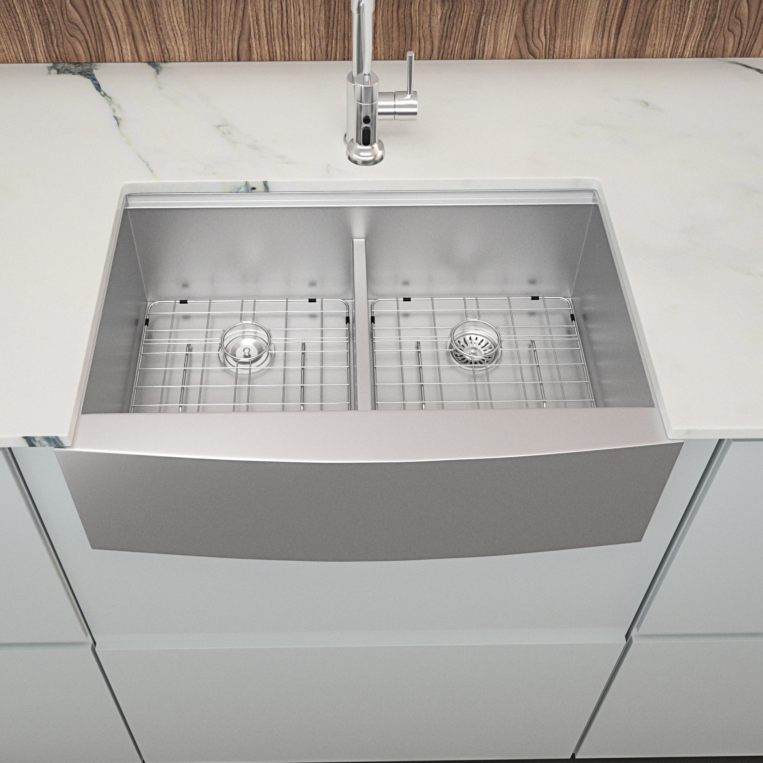 MD Bath 33 Inch Apron Front Ledge Workstation Low Divide Double Bowl 50 ...