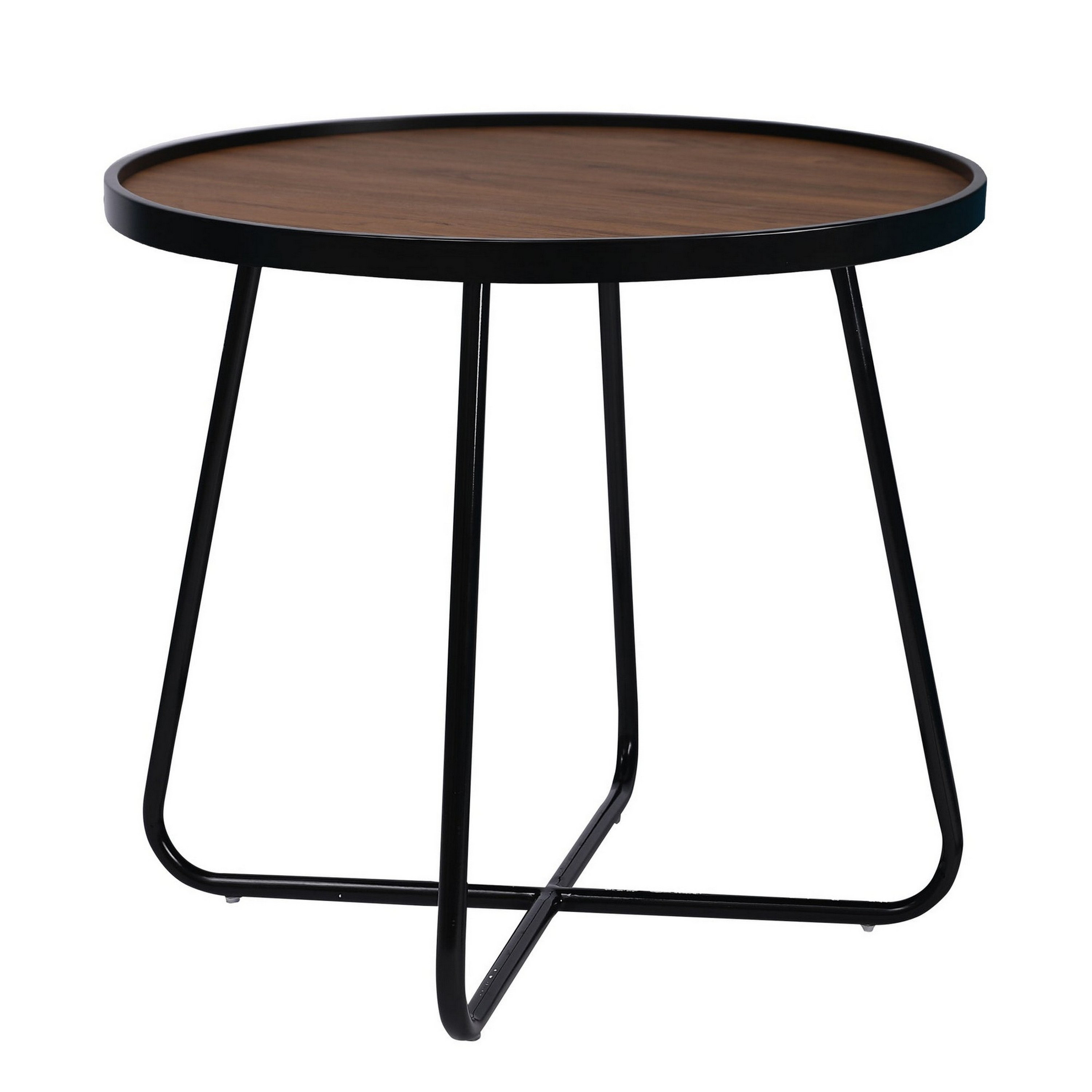 Benjara Table de bout d'appoint 24 po Lei, plateau rond, base en métal noir, brun noyer ...