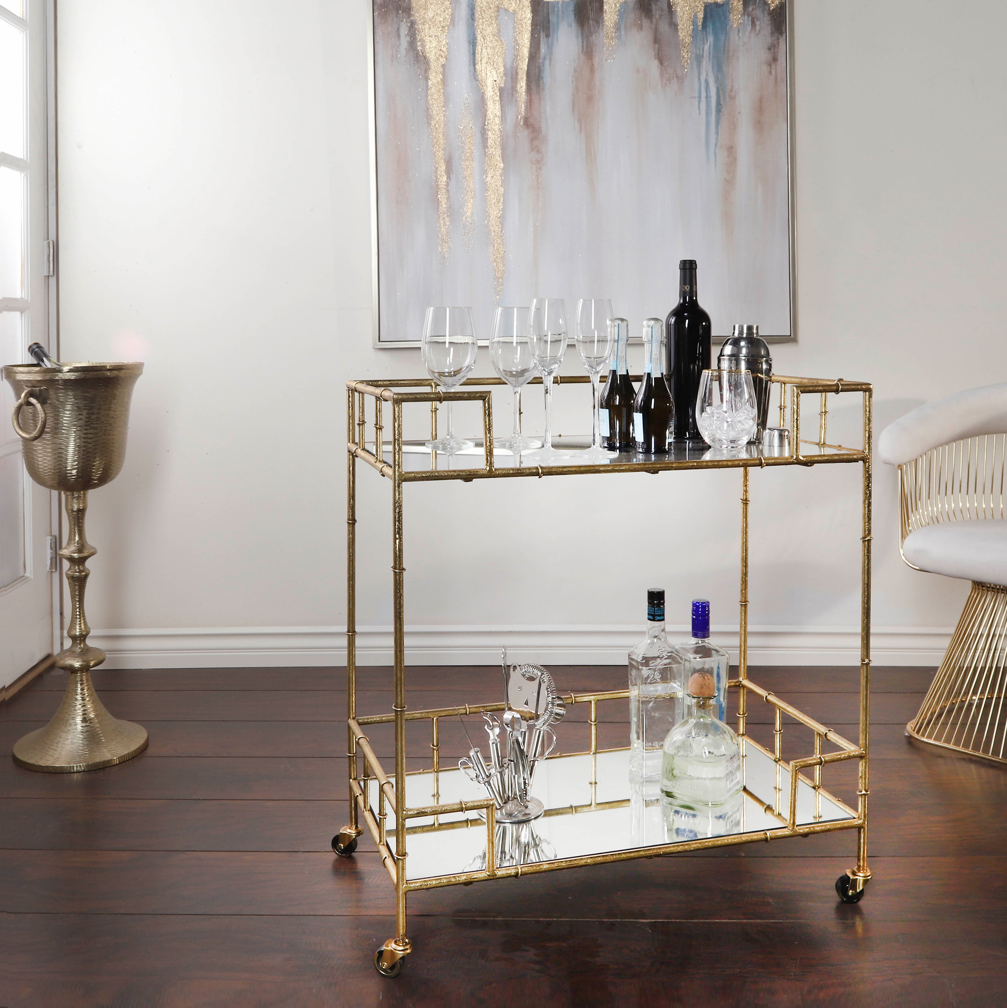 Mercer41 Craner Metal and Glass Two-Tier Bar Cart with Decorative Frame ...