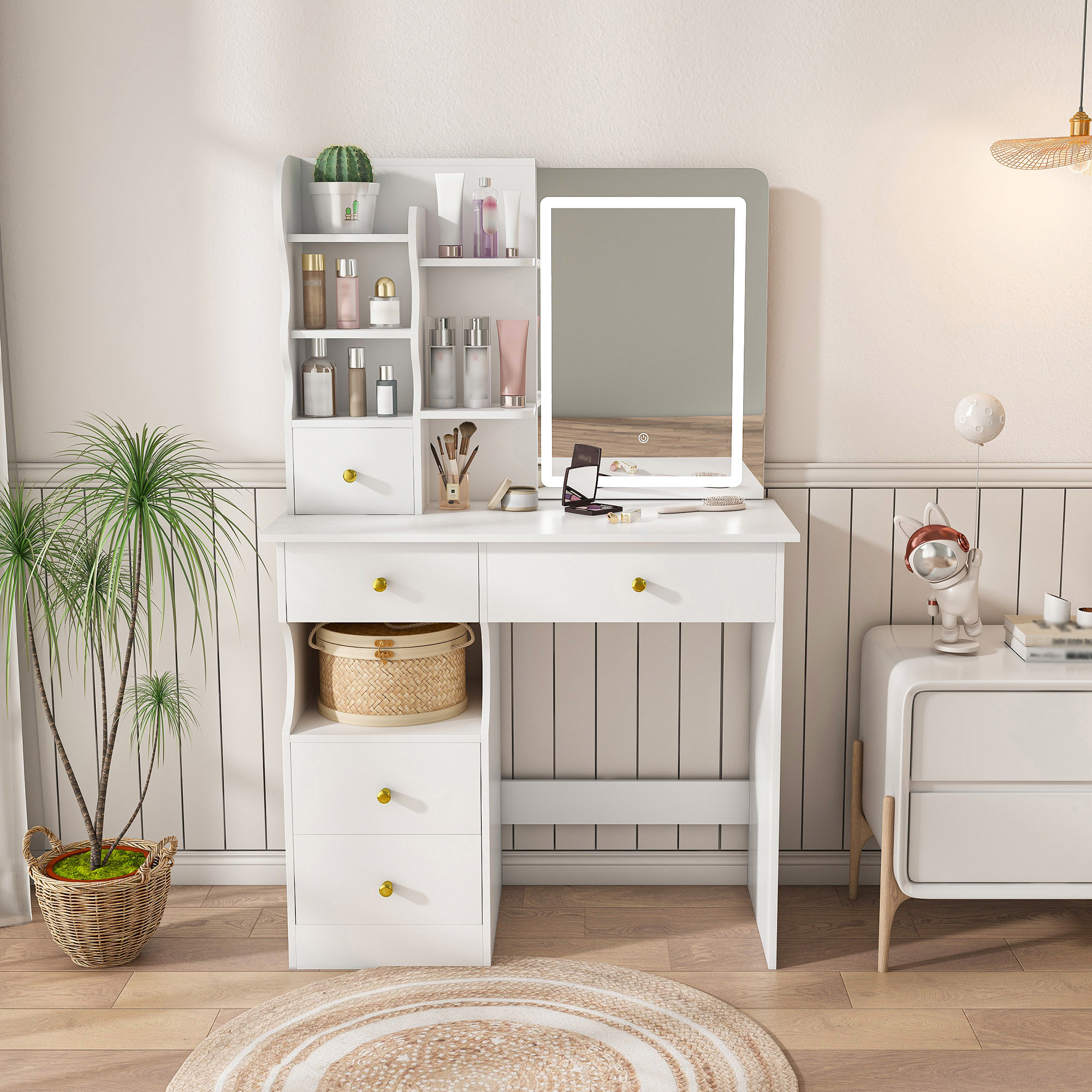 Latitude Run® White Dressing Table, Mirror And LED Light, 5-Drawer ...