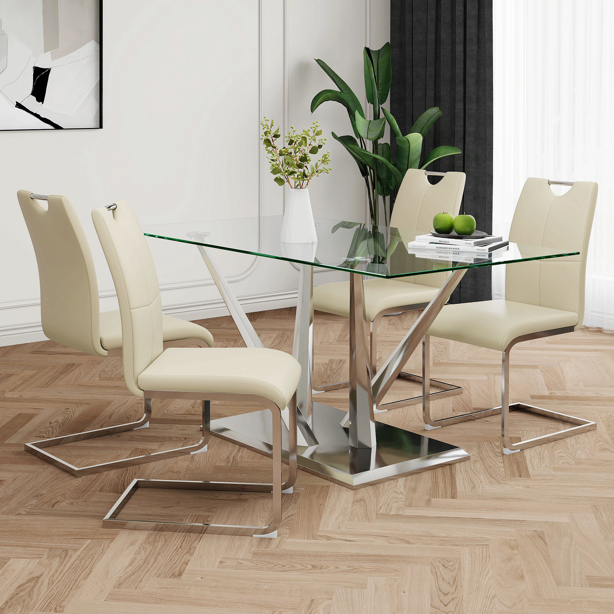 Latitude Run® Glass Dining Table,Sturdy Stainless Steel Base, Dining ...