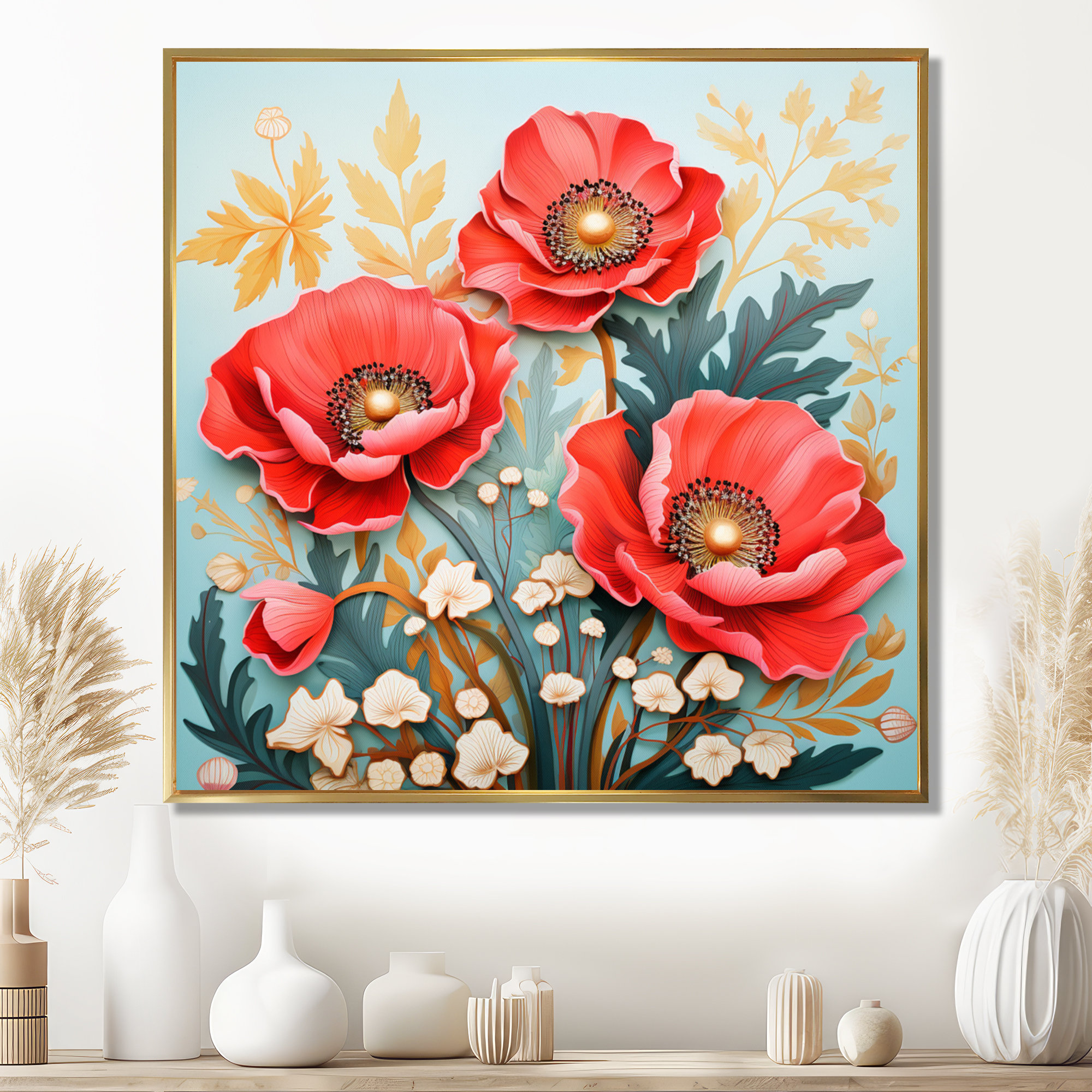 Winston Porter Red Poppies On Retro Blue - Poppy Wall Art Decor | Wayfair