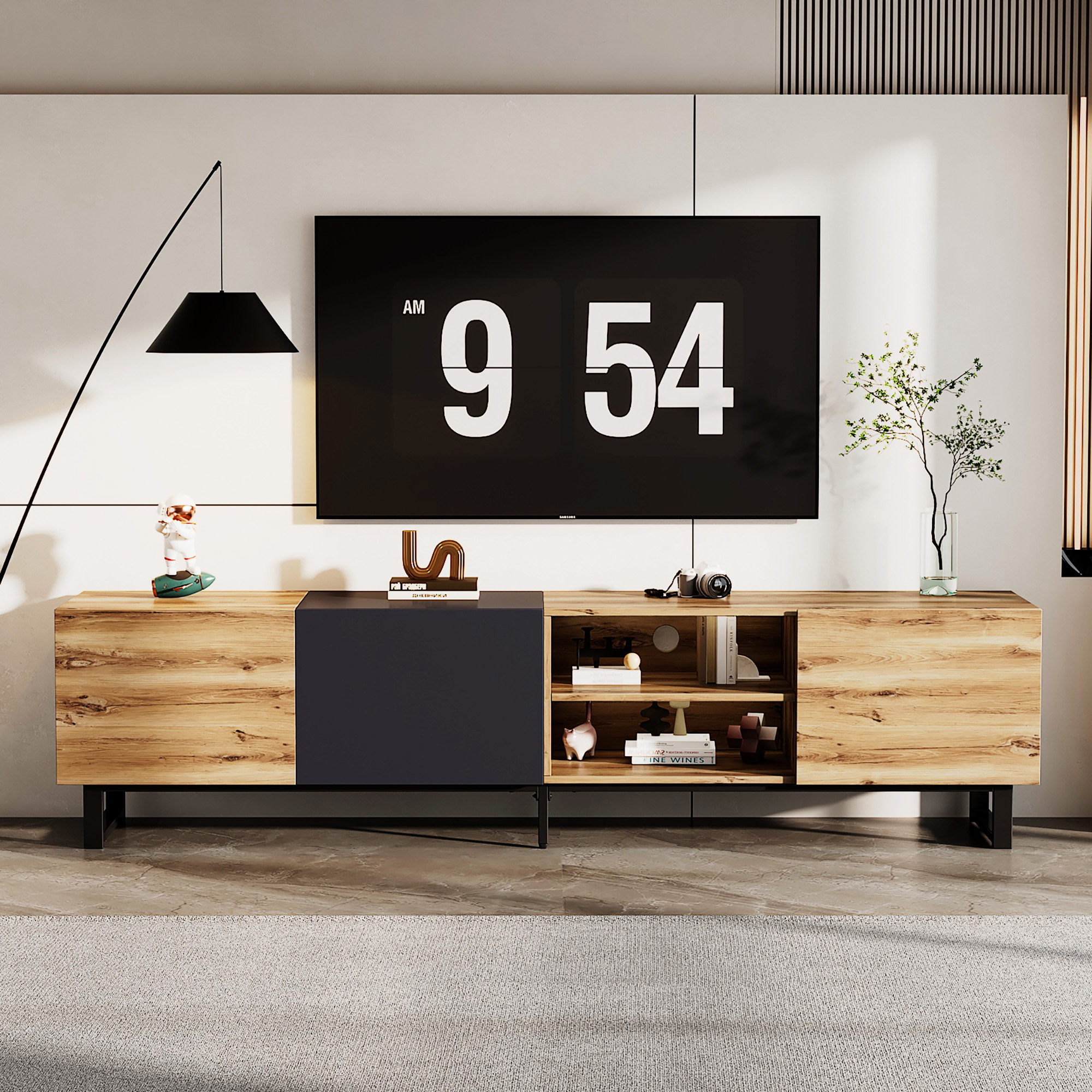 Ebern Designs Modern TV With 3 Cabinetsand Open Shelves, Color-Matching ...