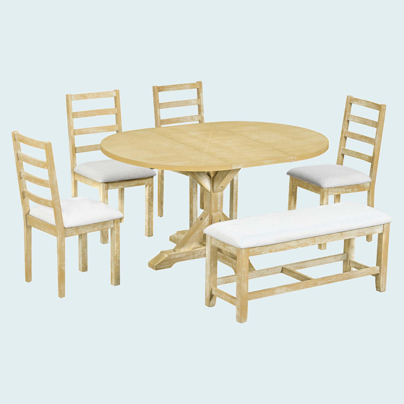Gracie Oaks Farmhouse 6-Piece 60Inch Extendable Pedestal Dining Table ...