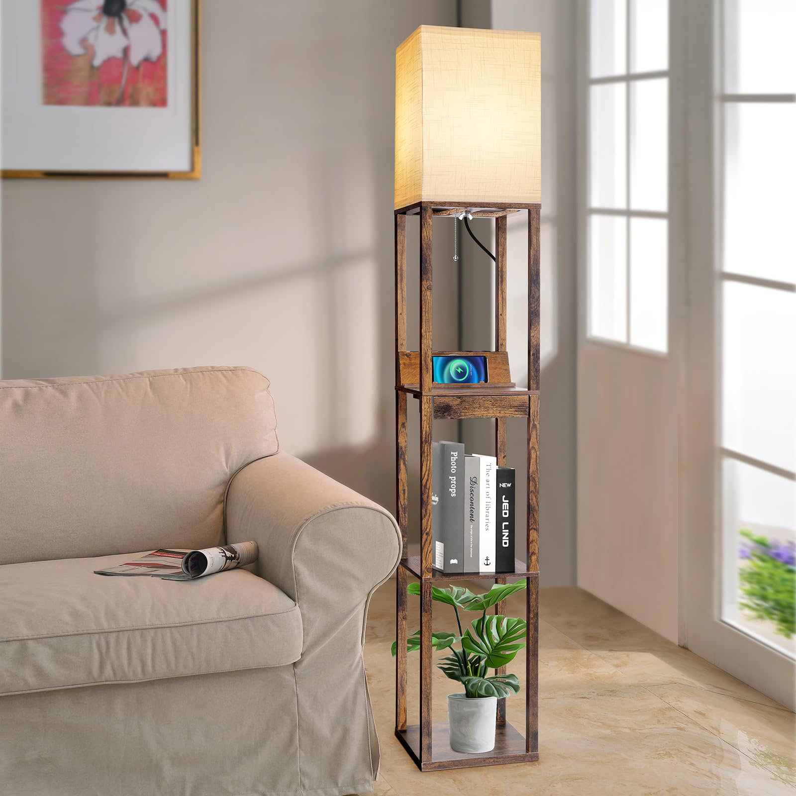 Loon Peak Shelf Floor Lamp with Wireless Charger, 2 USB Ports & Drawer ...