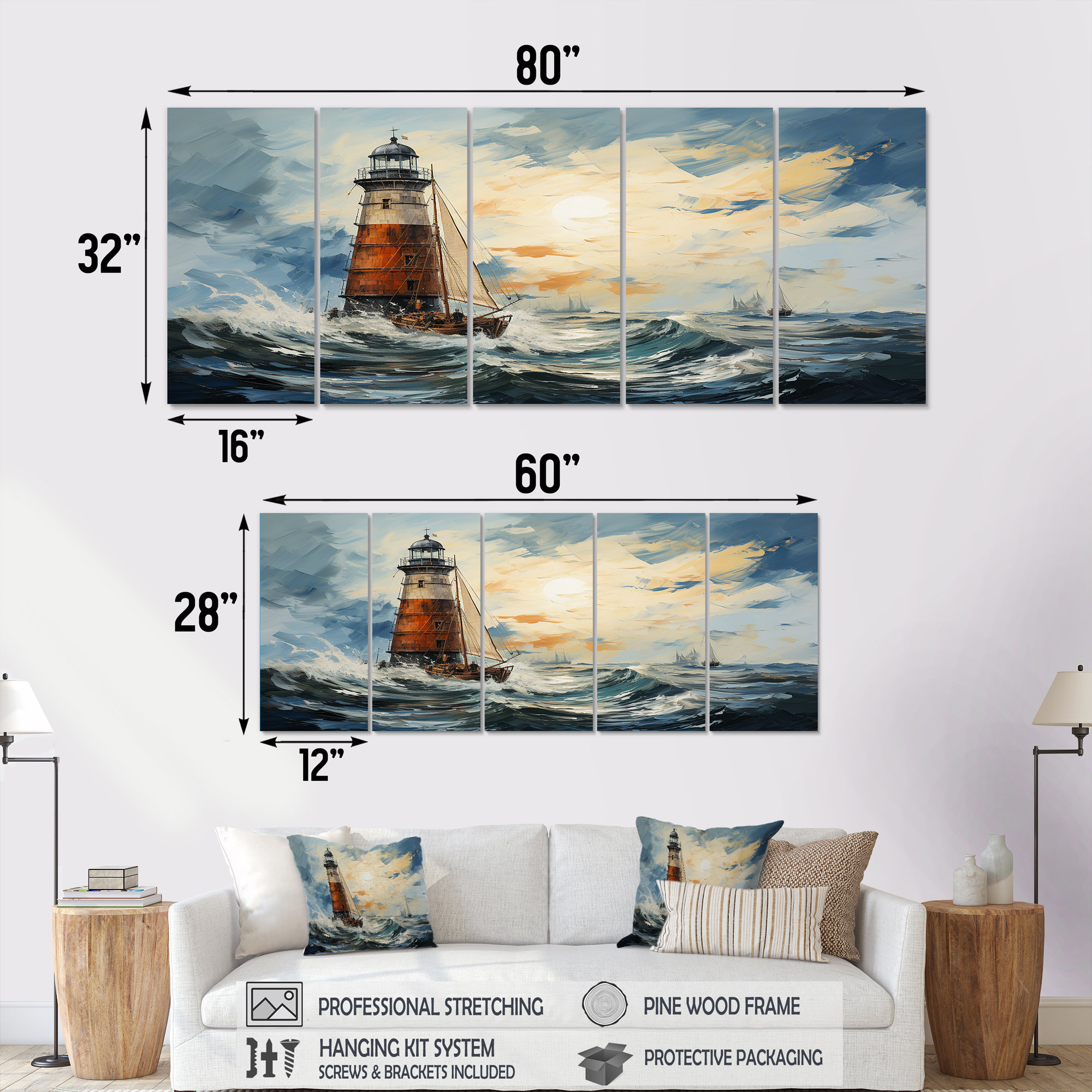 Breakwater Bay Lighthouse Stormy Sea II - Lighthouses 5 Piece Wall Art ...