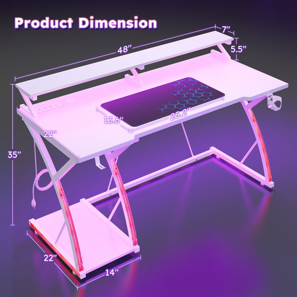 Wrought Studio 48" Z-Shaped Computer Desk With LED Lights, Power Outlet ...