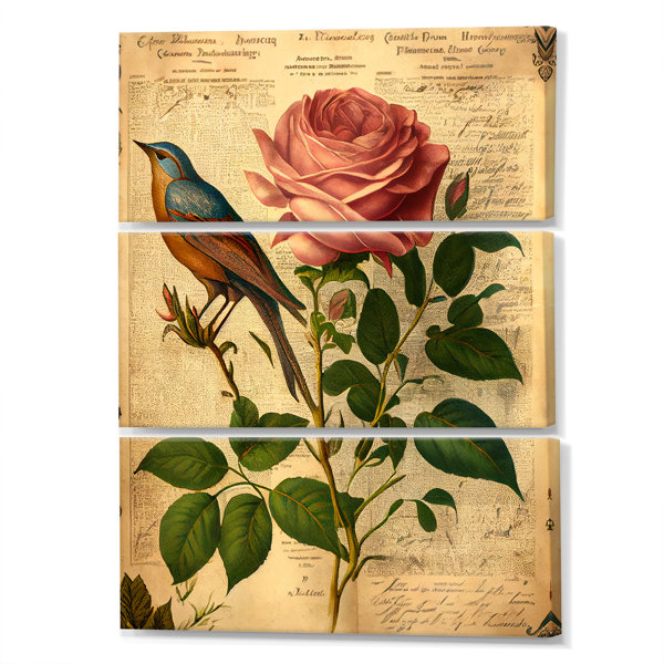 DesignArt Victorian Retro Pink Rose IV On Canvas 3 Pieces Print | Wayfair