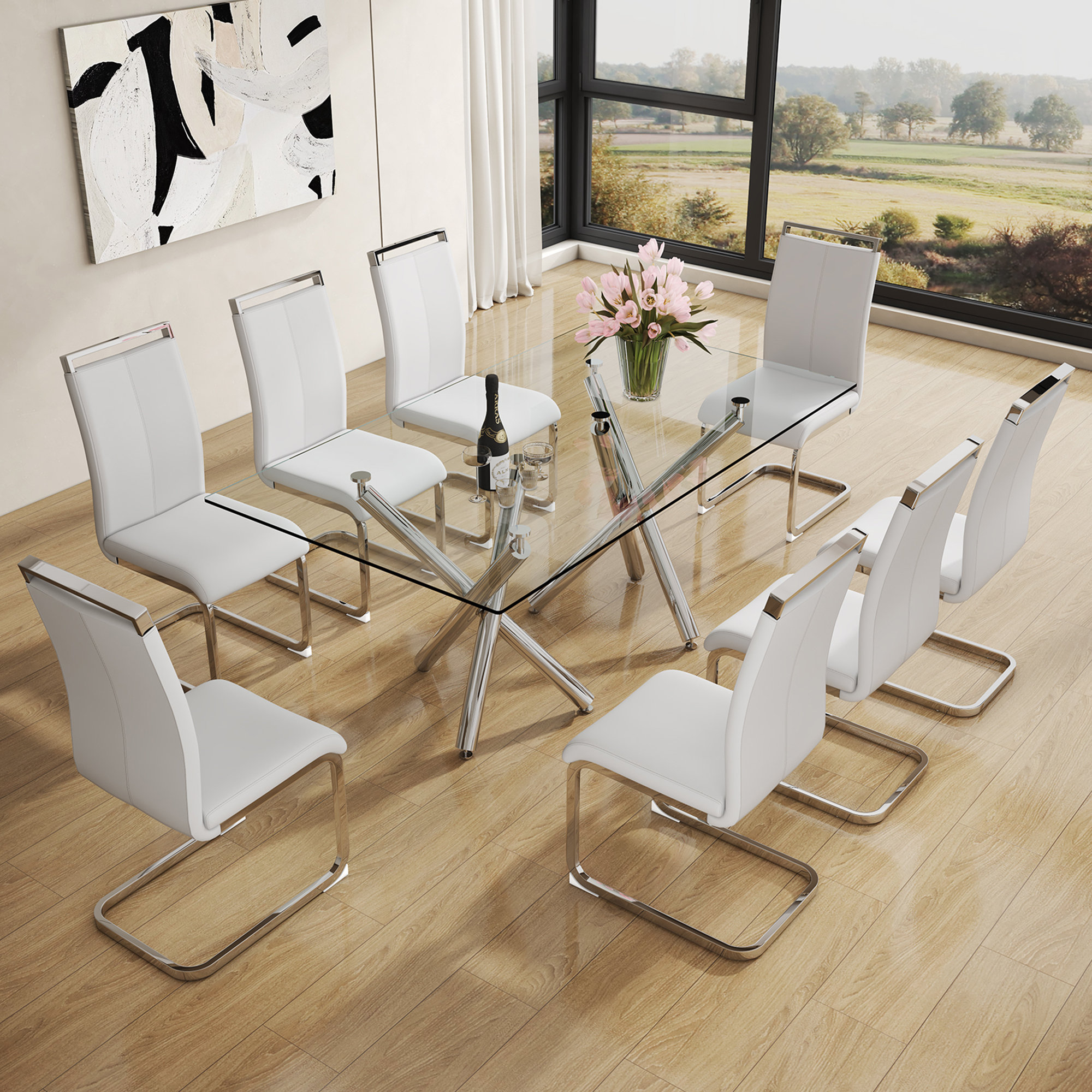 Ivy Bronx Daarina Rectangle Glass Top Double Pedestal Dining Table Set ...