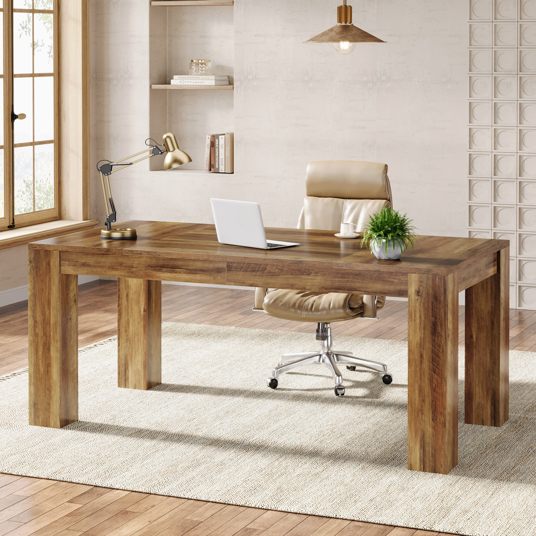 Gracie Oaks 63" Large Executive Desk, Simple Rustic Computer Desk for ...