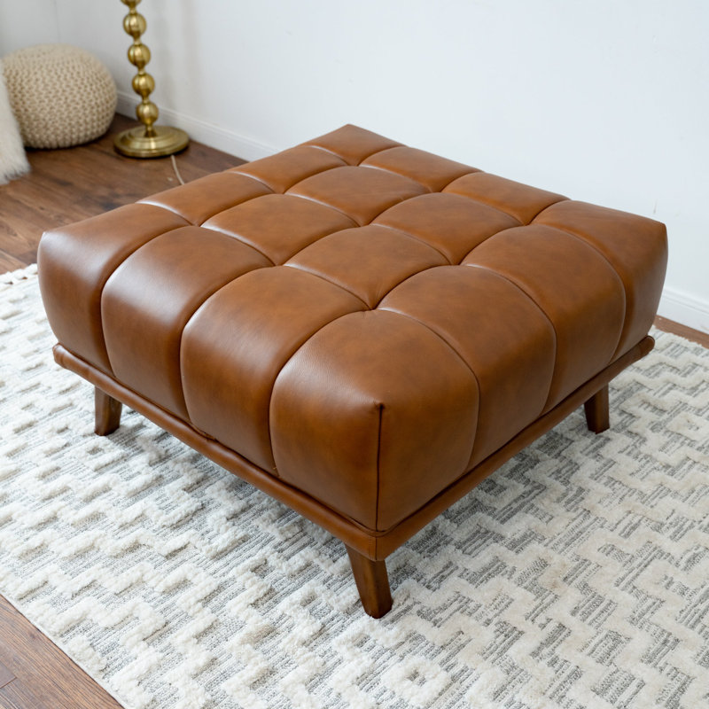 Hokku Designs Kano Cognac Leather Square Upholstered Ottoman | Wayfair