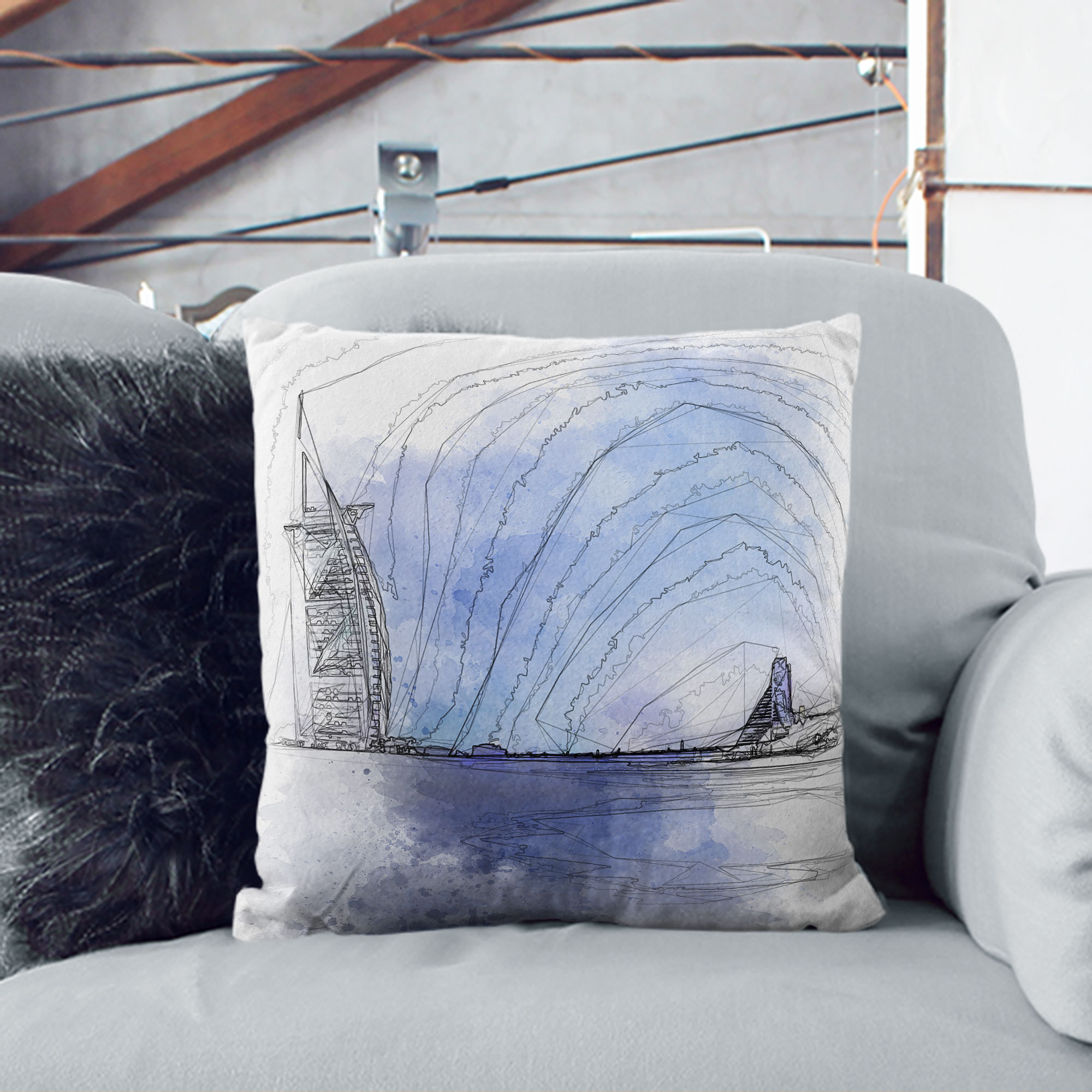 East Urban Home The Burj Al Arab Hotel in Dubai Sketch Cushion with ...