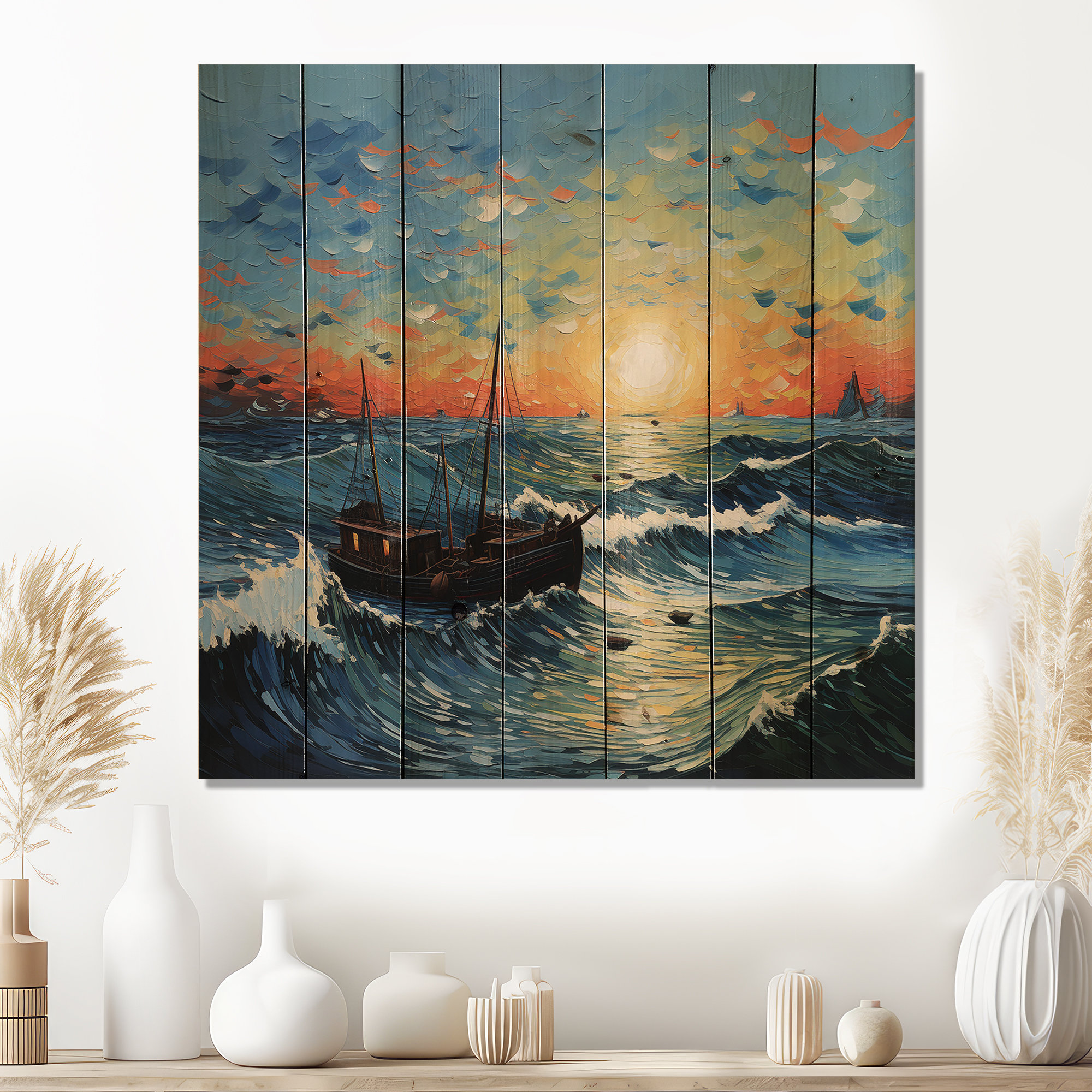 Breakwater Bay Henjes Vangogh Seascape With Fishing IV On Wood Print ...