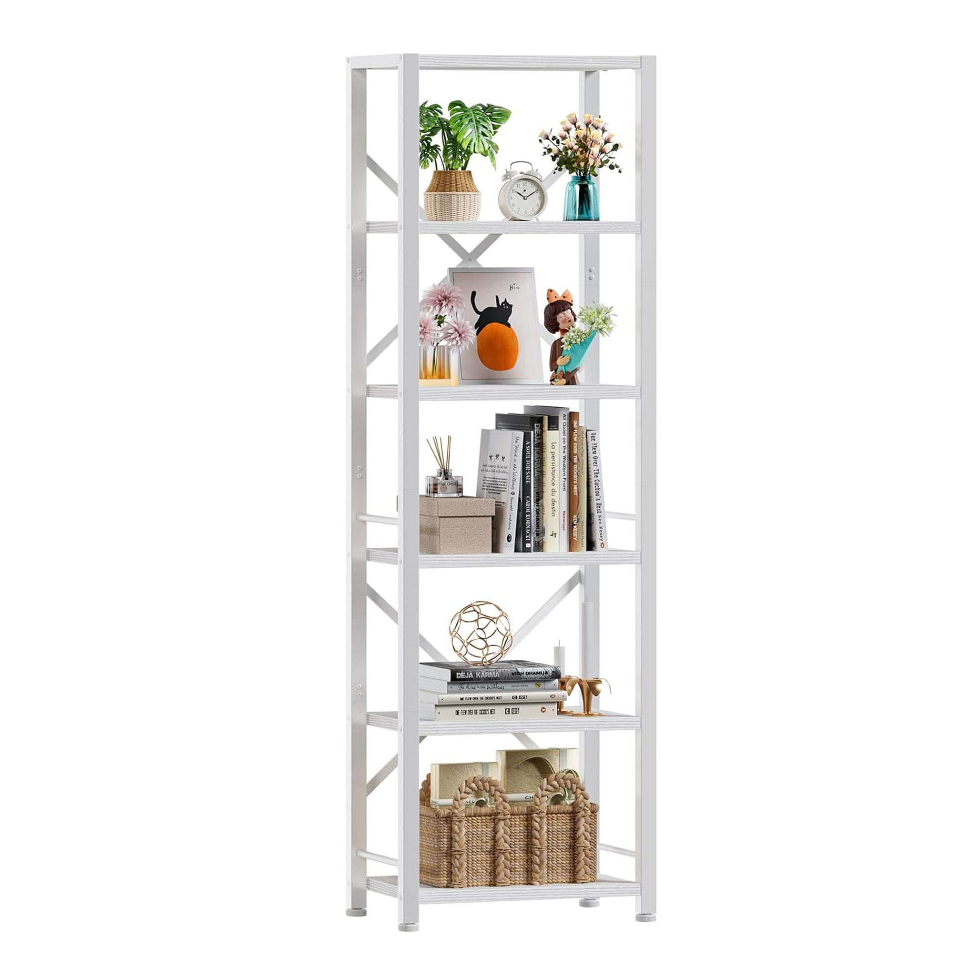 Gracie Oaks White Tall Bookshelf, Narrow Bookcase with 6 Shelves ...