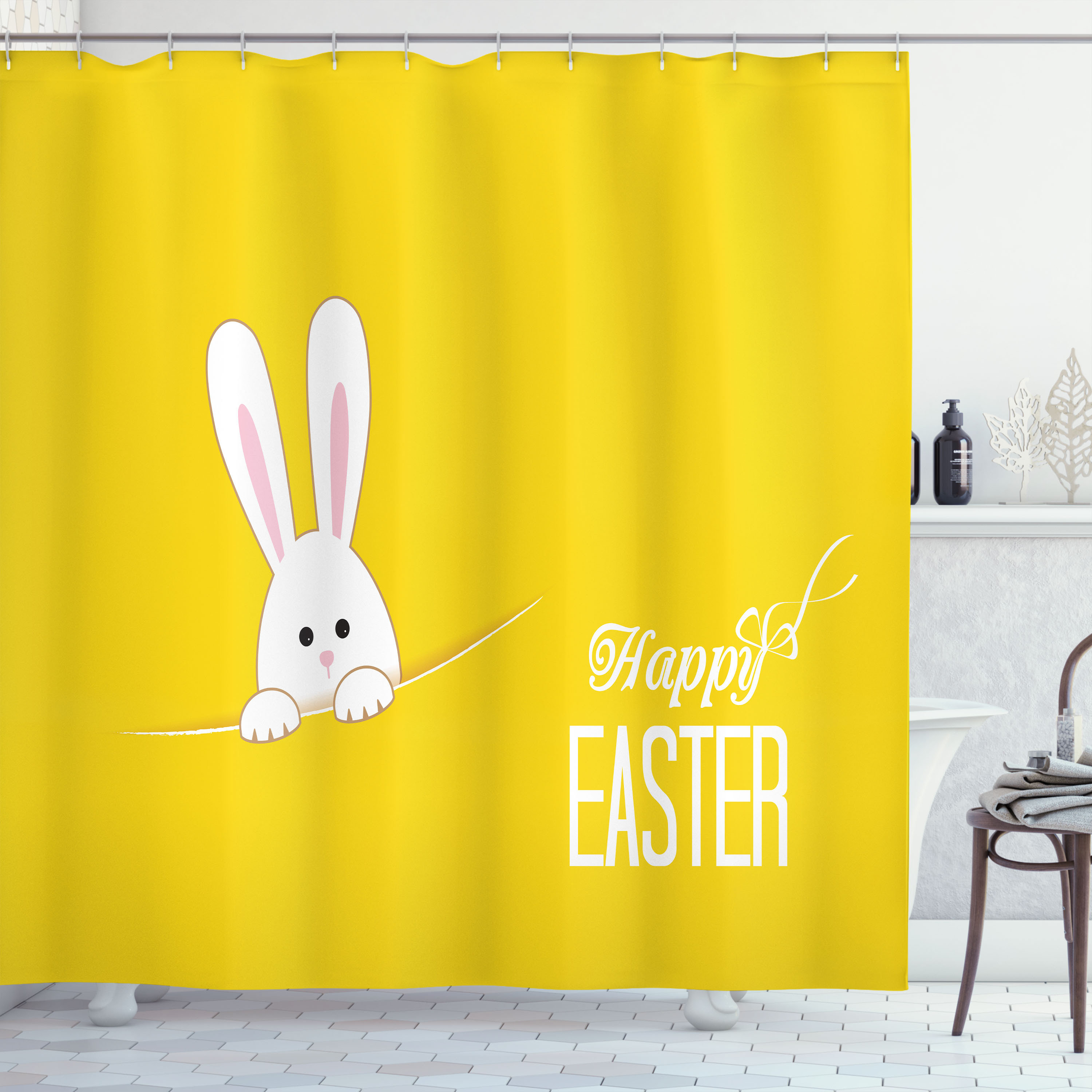 The Holiday Aisle® Yellow Shower Curtain Easter Rabbit Bunny Yellow ...