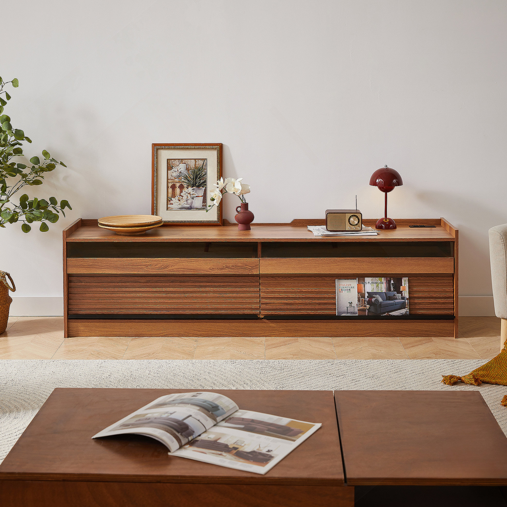 Latitude Run® Mirod Modern TV Stand with Ample Storage,4 Drawer Design with Tempered Glass ...