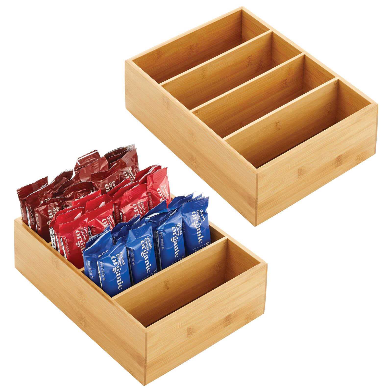 mDesign Bamboo Wood Food Storage Organizer Bin Box, 4 Sections, 2 Pack ...