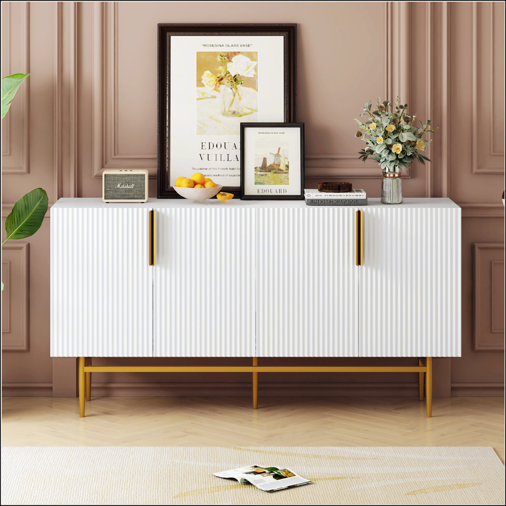 Ebern Designs Modern Elegant 4-Door Sideboard Gold Metal Handle Buffet Cabinet For Dining Room ...