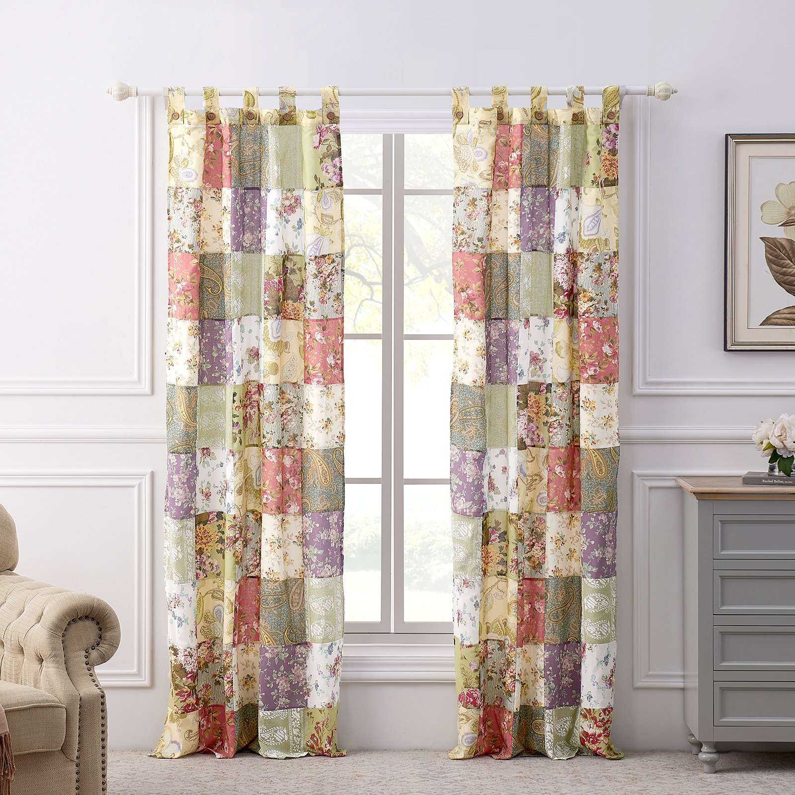 Greenland Home Fashions Blooming Prairie Patchwork Semi-Sheer Tab Top ...
