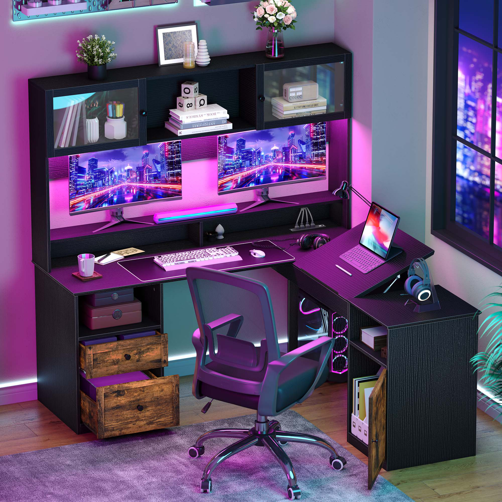 Wrought Studio™ 61'' L Shaped Executive Desk With Drawer, Hutch, Power ...
