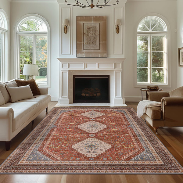 Bungalow Rose Red Vintage Performance Machine Washable Non-Slip Area ...