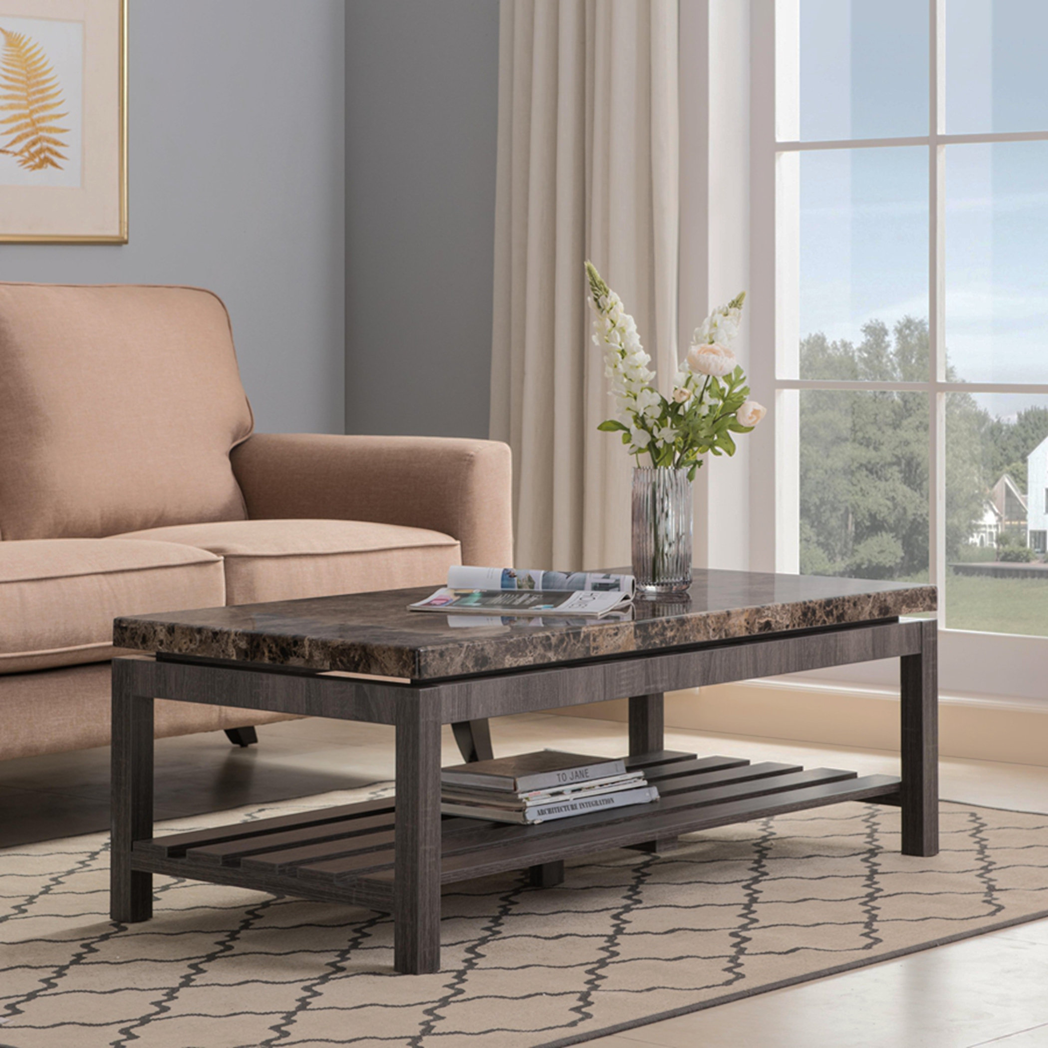 Astoria Grand Coffee Table Occasional Faux Marble Slat Shelf Country ...