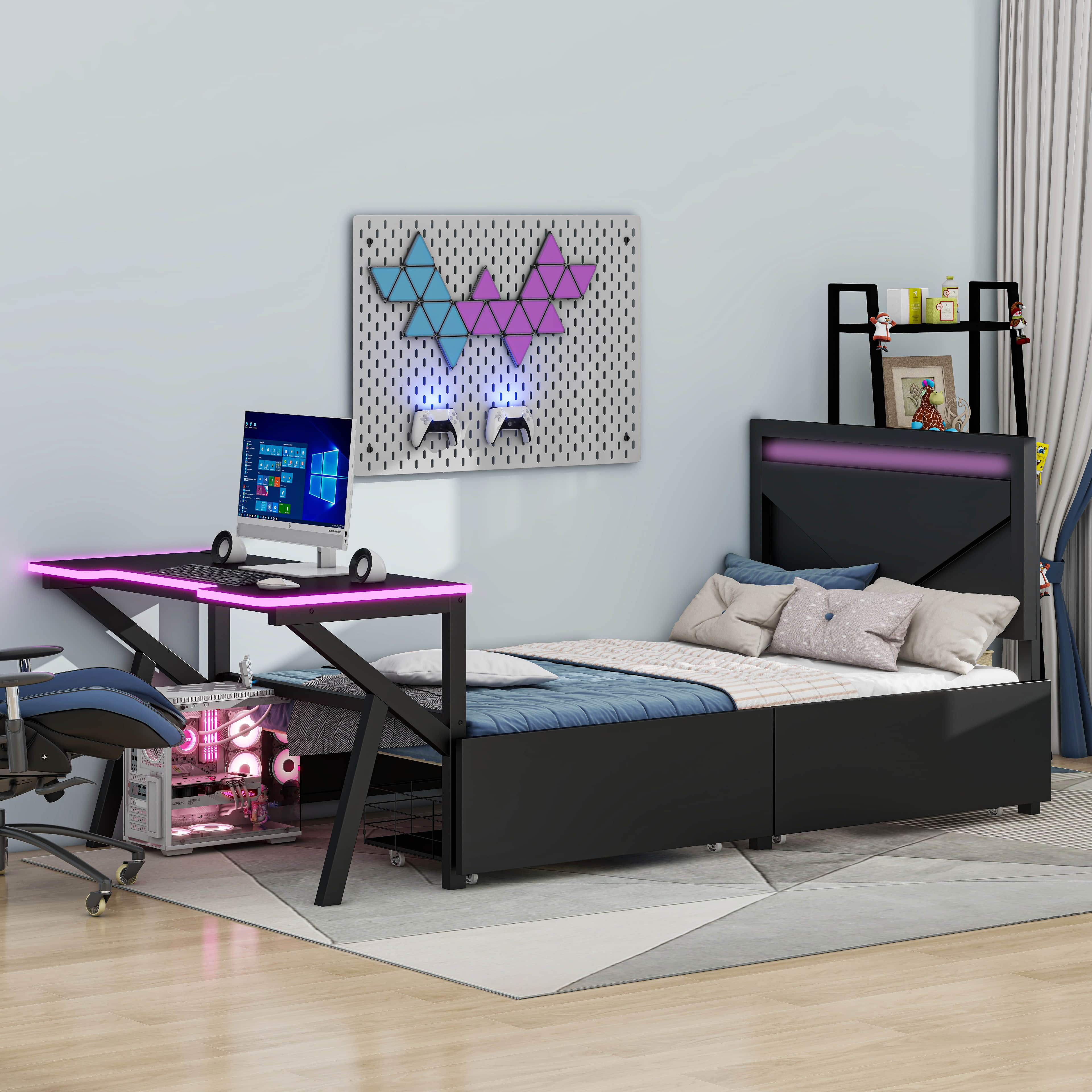 Cosmic Metal Gaming Platform Bed With LED Headboard, LED Desk, USB And ...