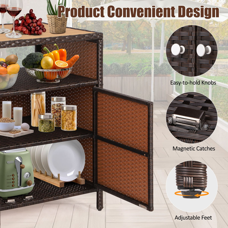 Latitude Run® Outdoor Rattan Storage Cabinet, Patio Bar Table with 2 ...