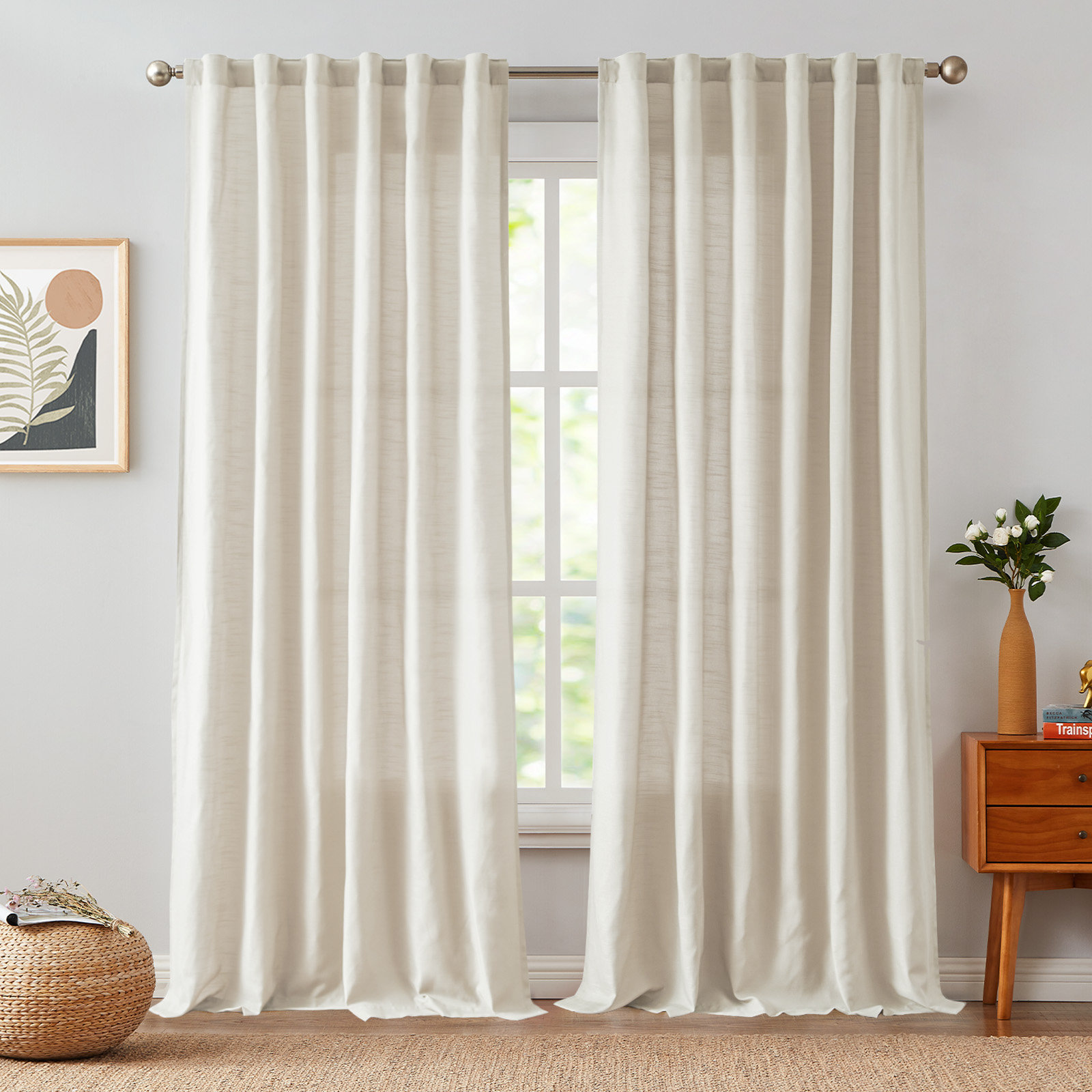 Ebern Designs Linen Blend Farmhouse Back Tab Light Filtering Curtains ...