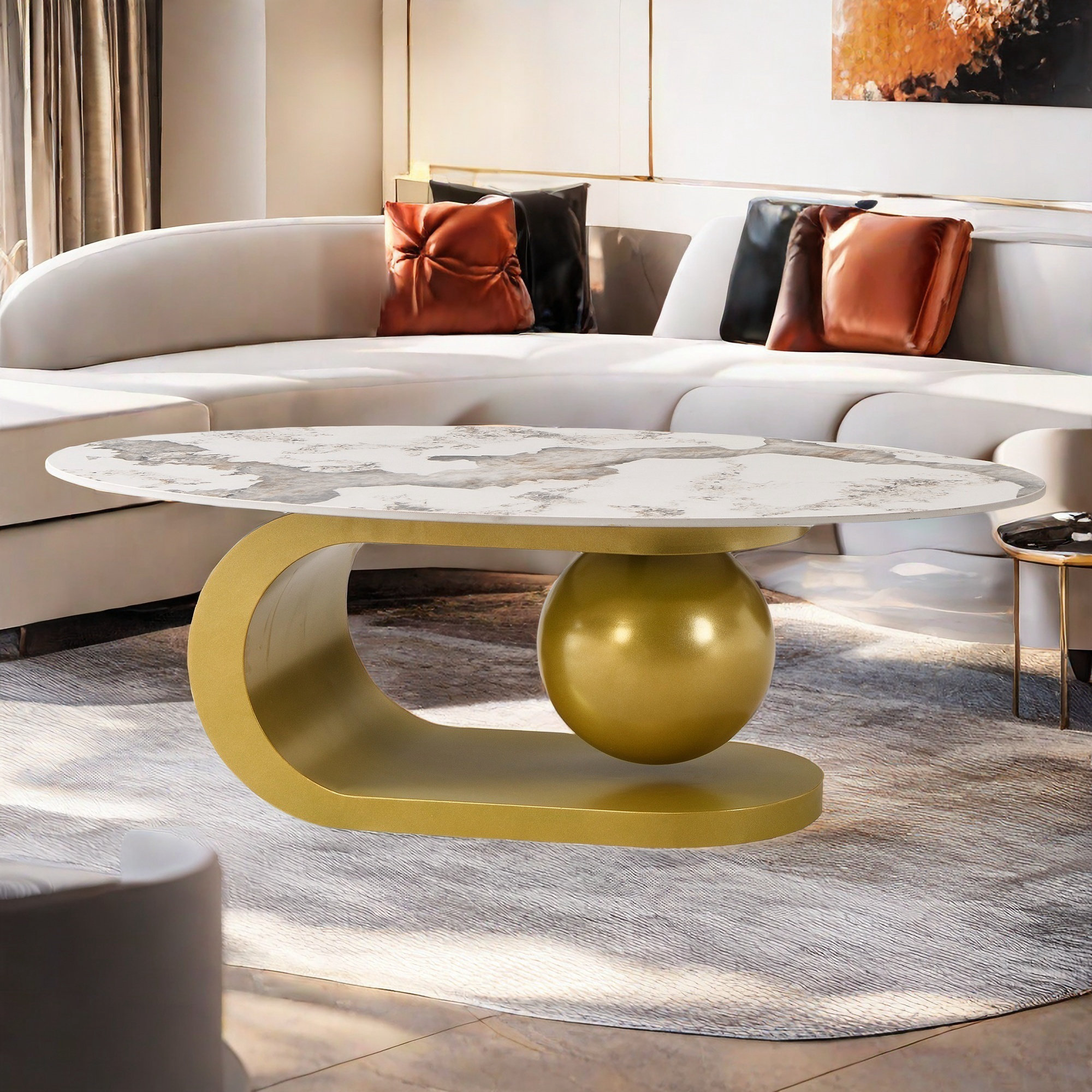 Mercer41 Oval Coffee Table With Marble Pattern Sintered Stone And Gold ...