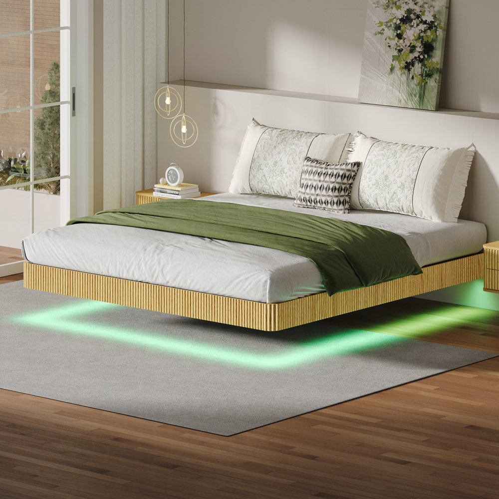 Latitude Run® Floating Bed Frame with LED Lights Wave Curve Wood ...