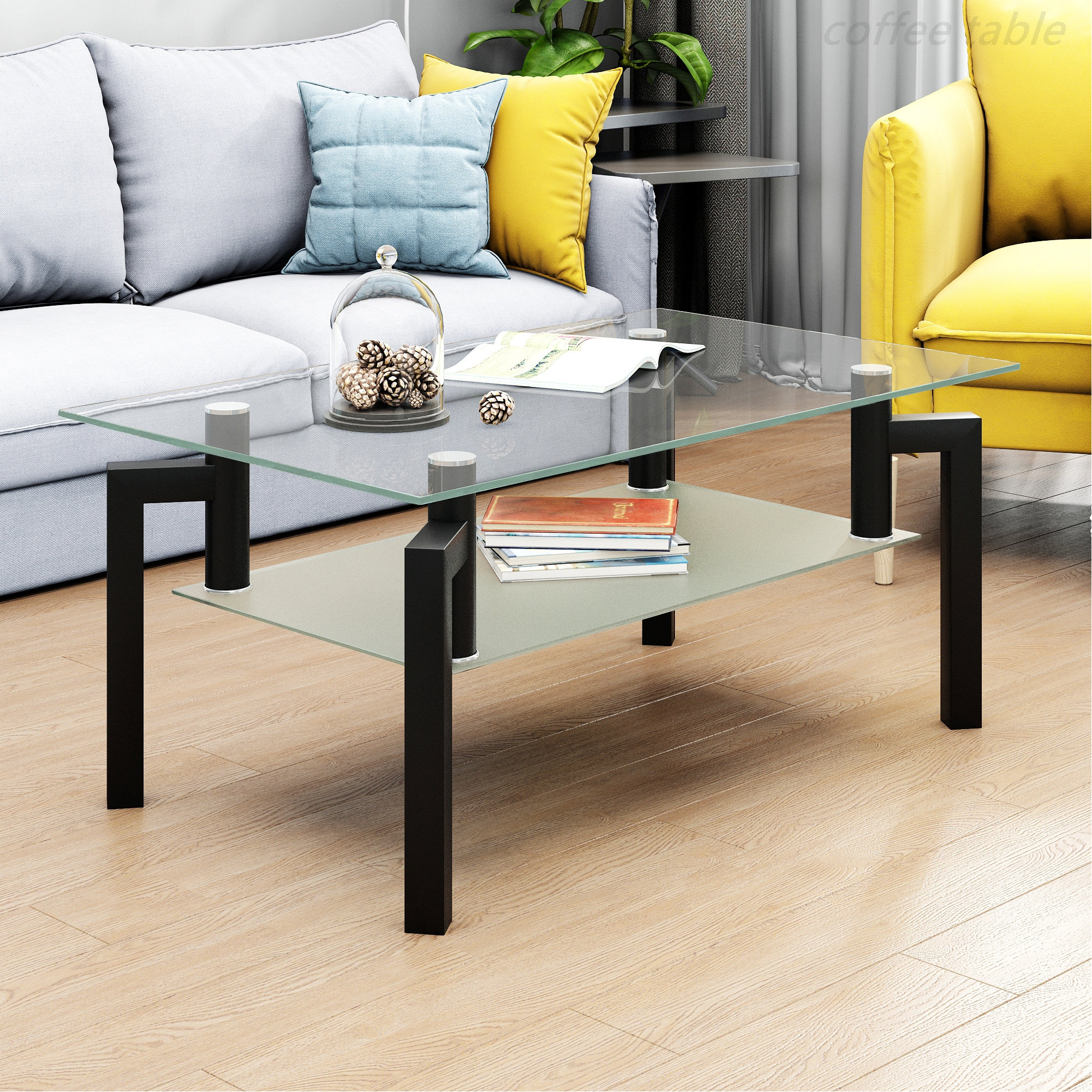 Ebern Designs Living Room Rectangle Glass Coffee Table, Clear Coffee ...