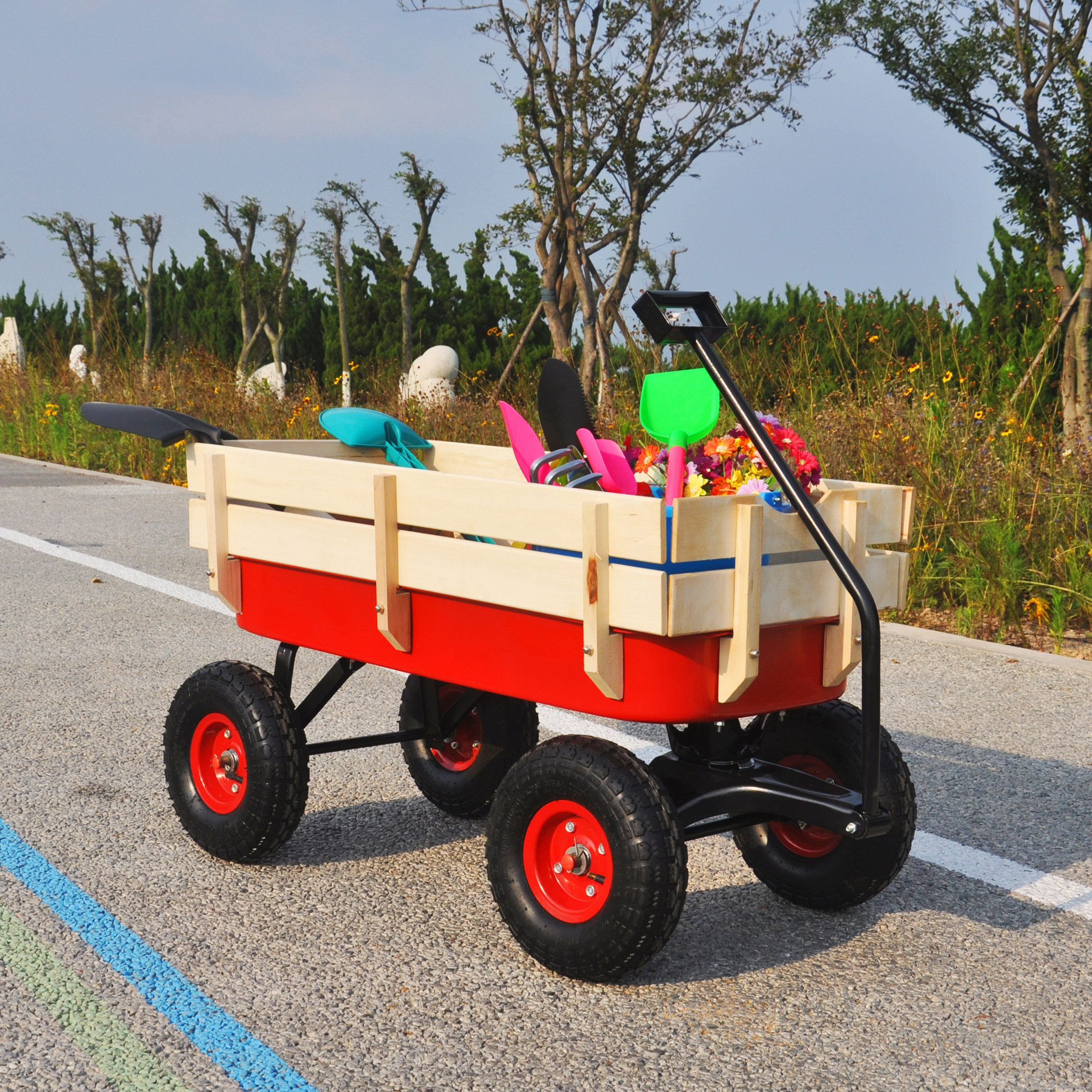 Myhomekeepers Outdoor Wagon All Terrain Pulling W/Wood Railing Air ...