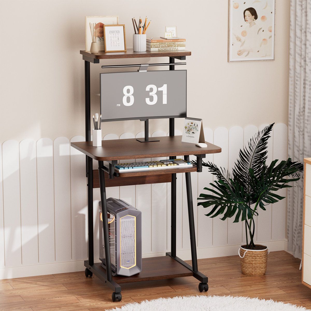 17 Stories 2 Tier Mobile Computer Desk with Printer Shelf & Keyboard ...