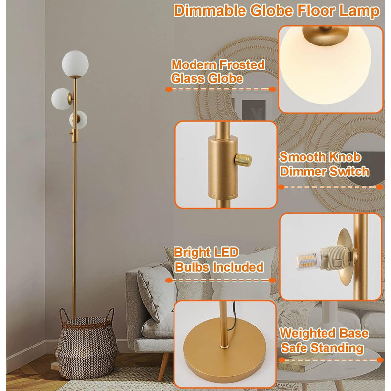 Mercer41 Gold Upgraded Dimmable 3 Globe Floor Lamp - Includes 1000 ...