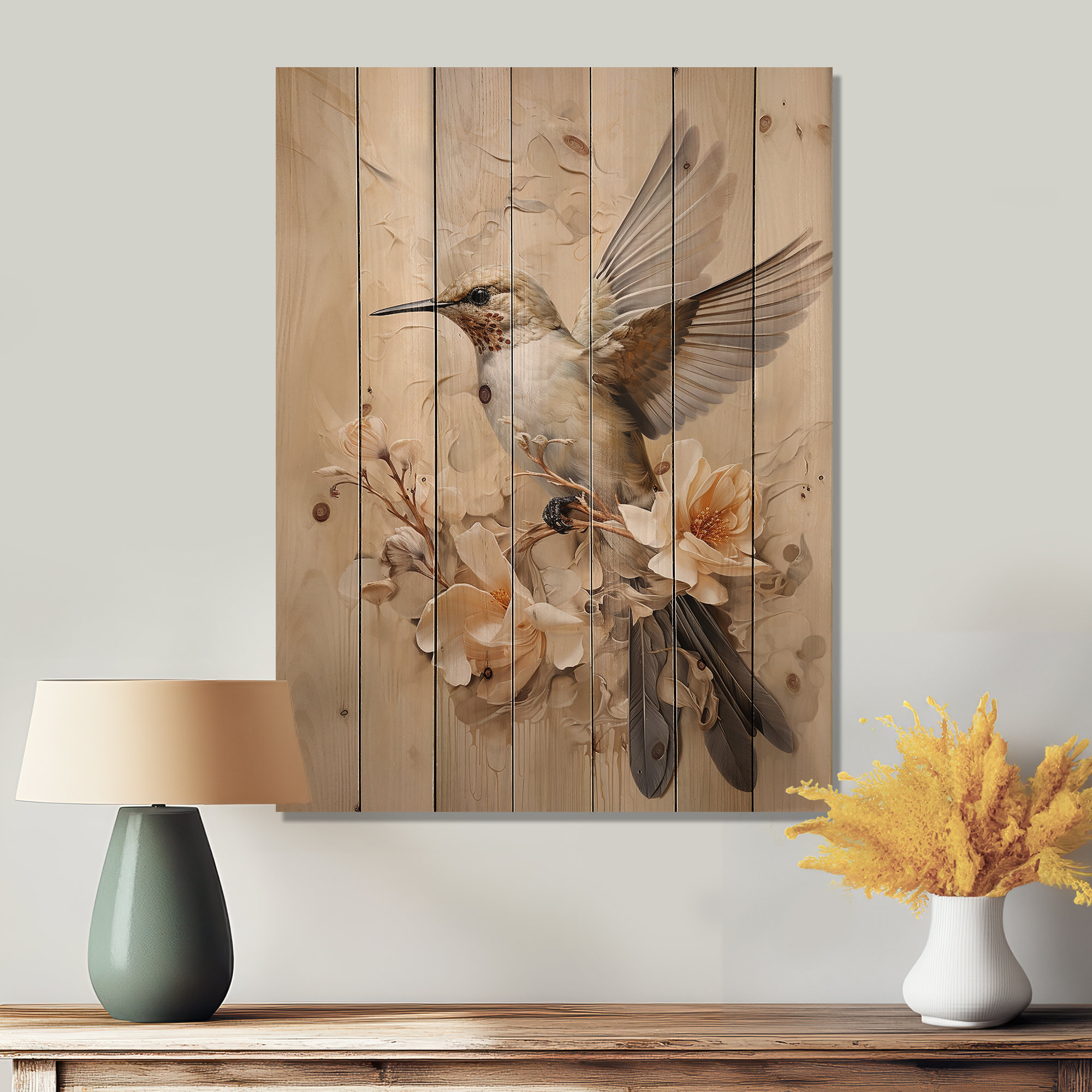 Design Art Fluttering Floral Hummingbird I - Animals Wood Wall Decor On ...