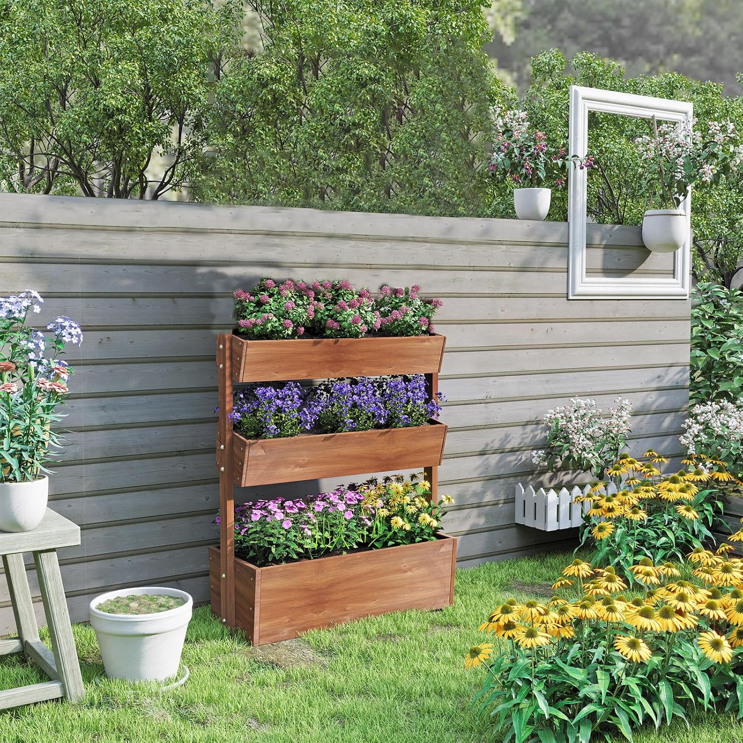 Arlmont & Co. 3 Tier Wood Garden Bed Raised Vertical Planter Box Flower ...