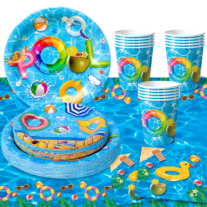 17 Stories Summer Pool Party Supplies Tableware,97pcs Pool Birthday ...