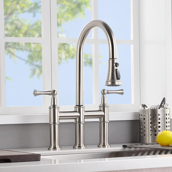 KPAIDA Bridge Pull Down Kitchen Faucet, 3 Hole 8 Inch Kitchen Sink ...
