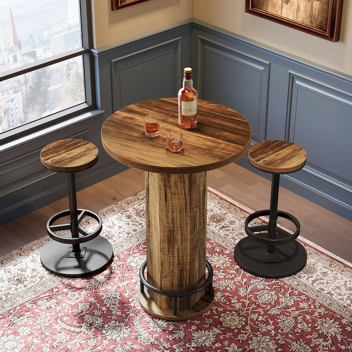 17 Stories Round Bar Table Set, Farmhouse Home Bar with 2 barstools ...
