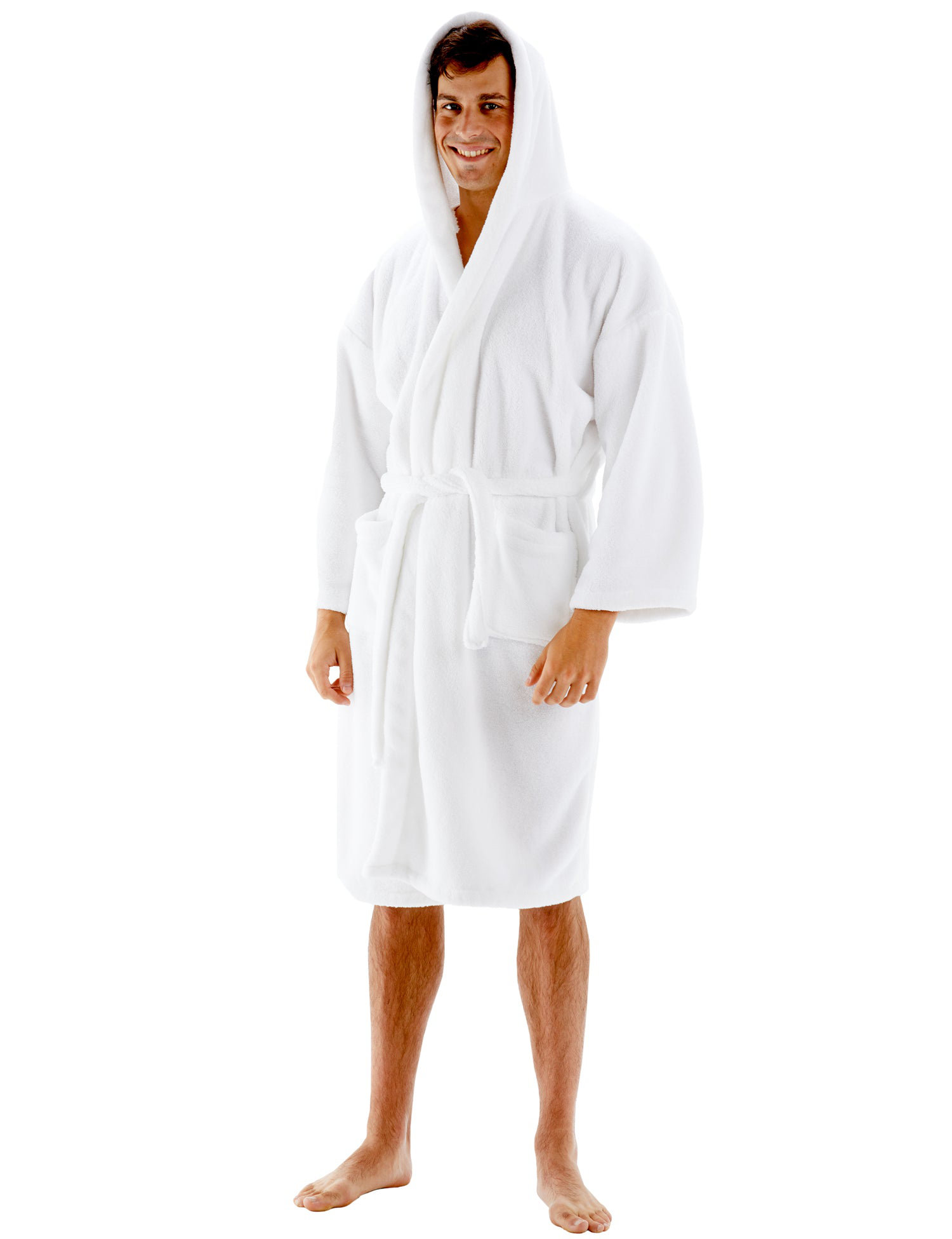 Bare Cotton 100% Microfiber Fleece Above Knee Bathrobe with Pockets and ...