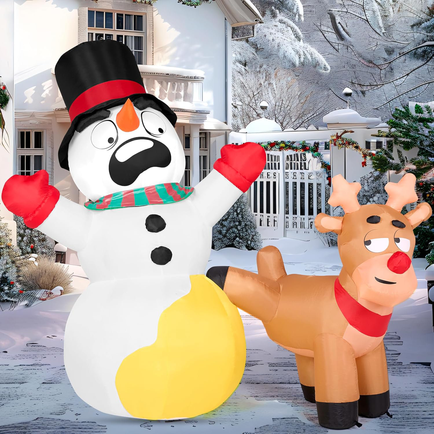 The Holiday Aisle® 6.6 FT Long Christmas Inflatable Reindeer Peeing On ...