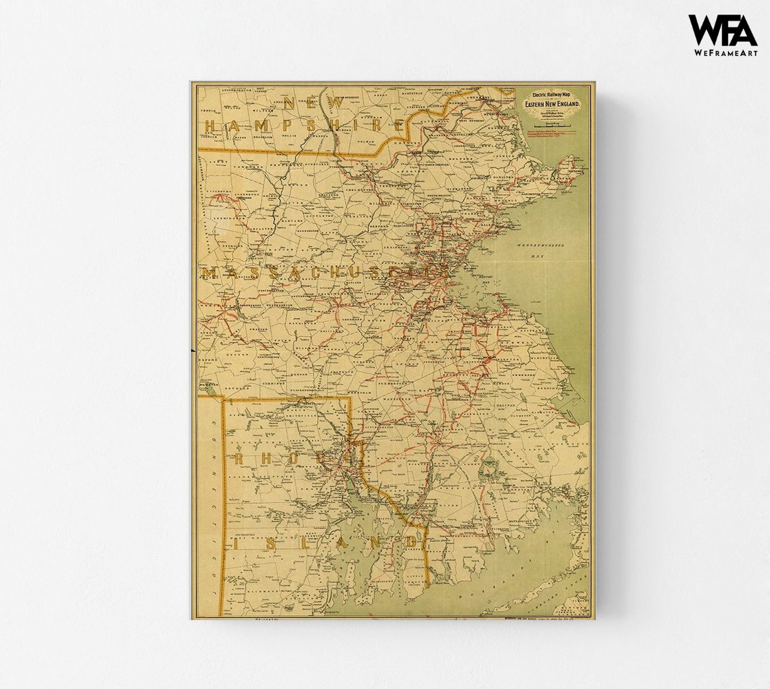 WeFrameArt Electric Railway Map Of Eastern New England, Railroad Poster ...