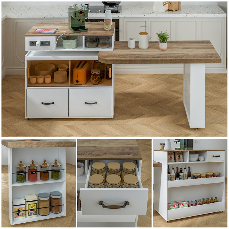 Ebern Designs Movable Kitchen Island With Retractable Tabletop ...